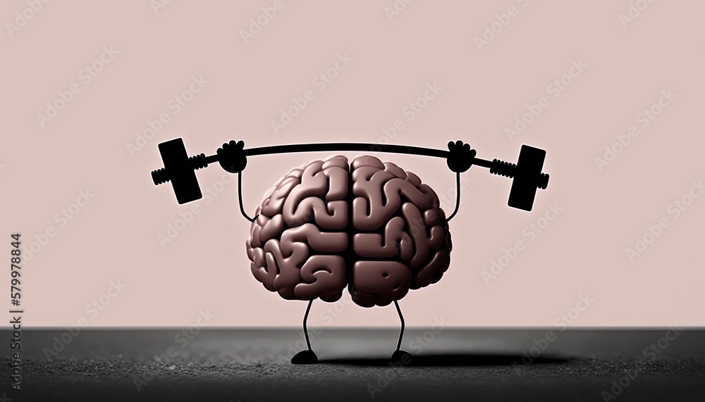 Funny cartoon brain with legs and hands lifts heavy barbell, brain ...