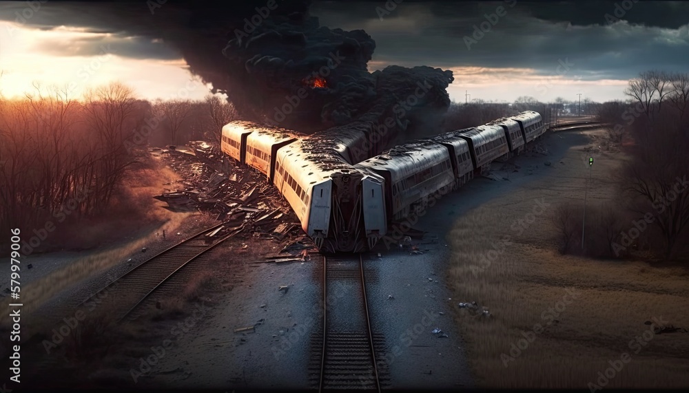 Derailed train incident aerial view, damaged derailed train cars on ...