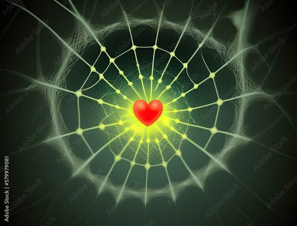 Red heart got caught in spider web on blurred dark background ...