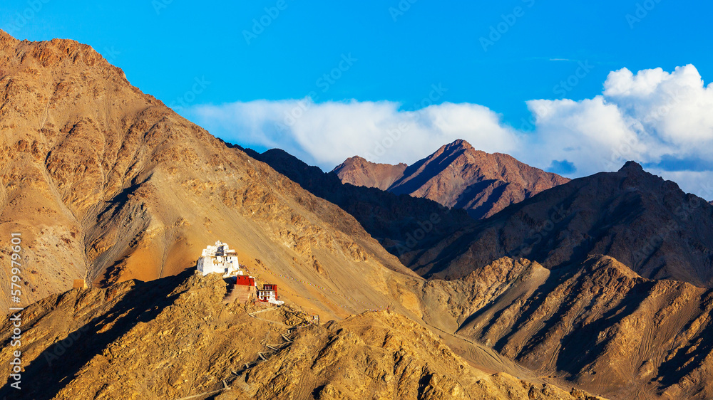 Panorama winter landscape of Leh palace with winter blue sky and Leh ...