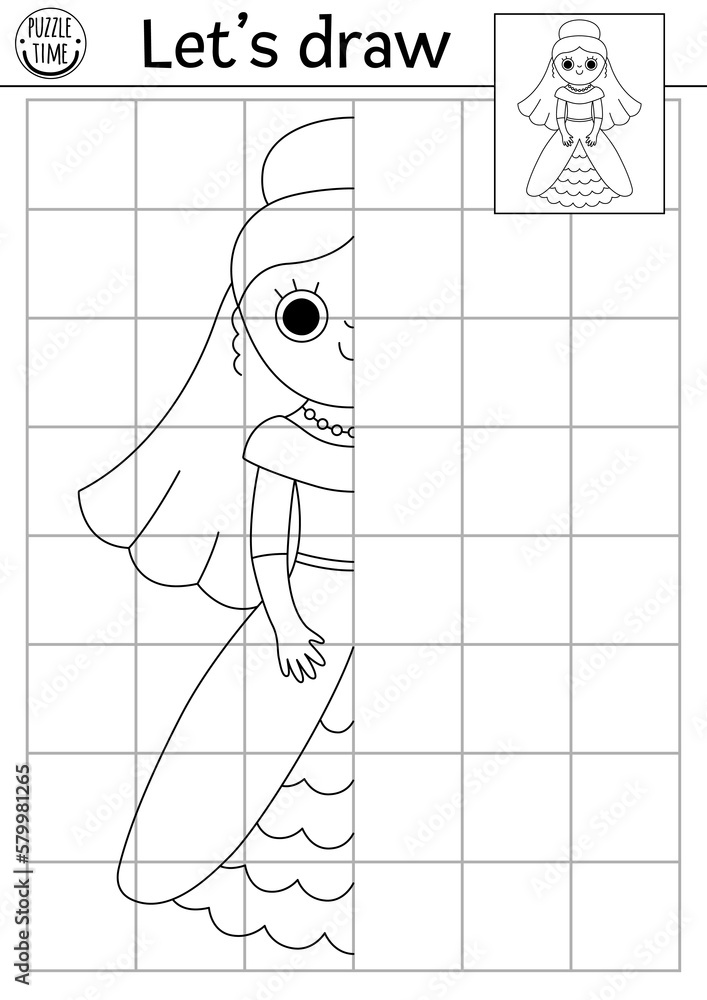 Complete the bride picture. Vector wedding symmetrical drawing practice ...