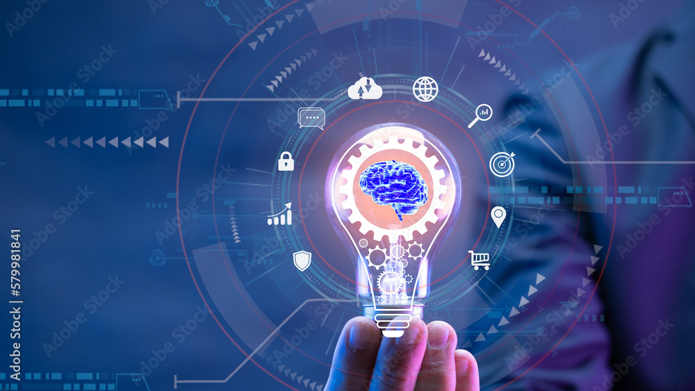 Light bulb with AI brain icon provide information, digital chat bot concept. Artificial ...