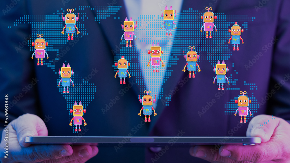 Businessman shows AI icon provide access information, digital chat bot concept. Artificial ...