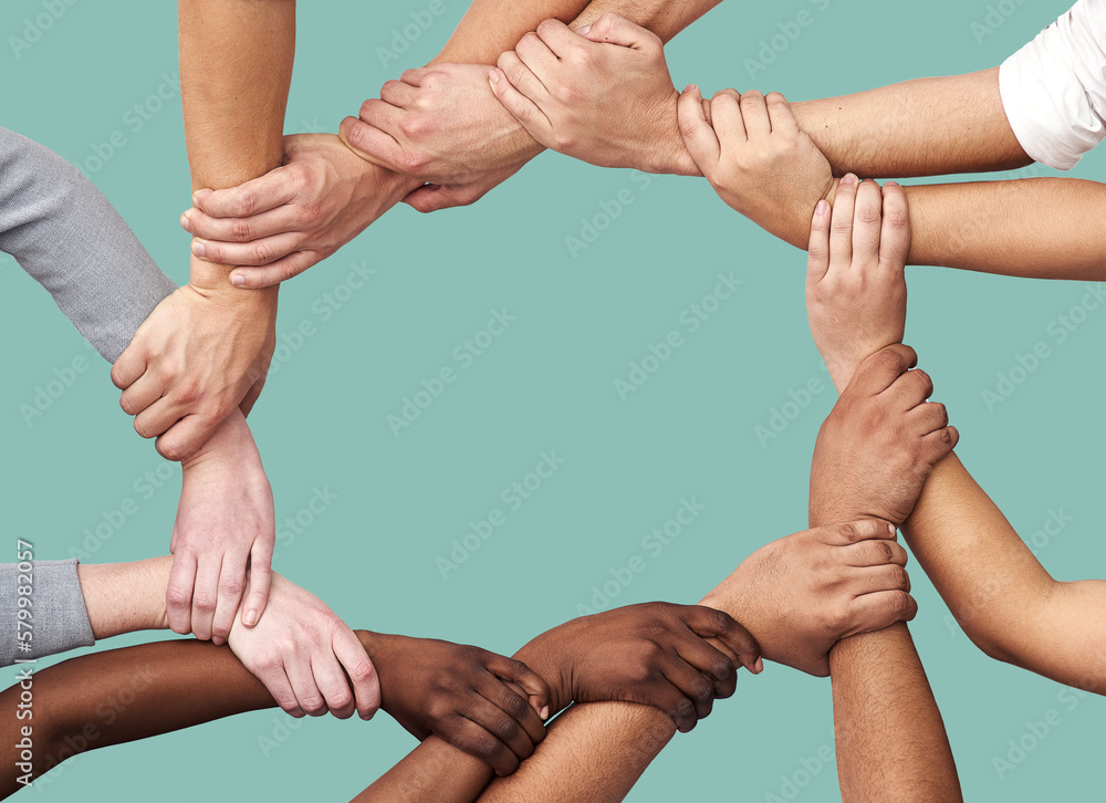 People, diversity and hands together in teamwork collaboration for trust against a studio ...