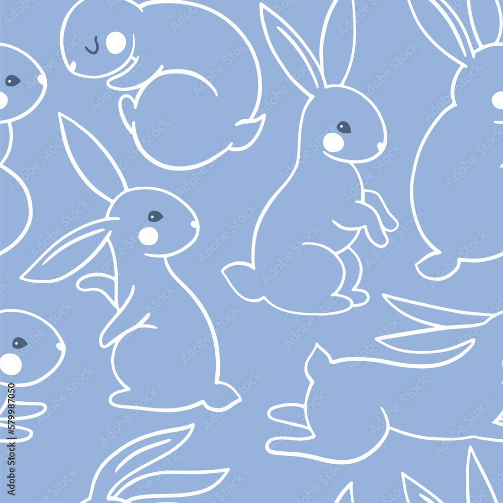 Trendy minimalistic seamless pattern with rabbits. Sketch line ...
