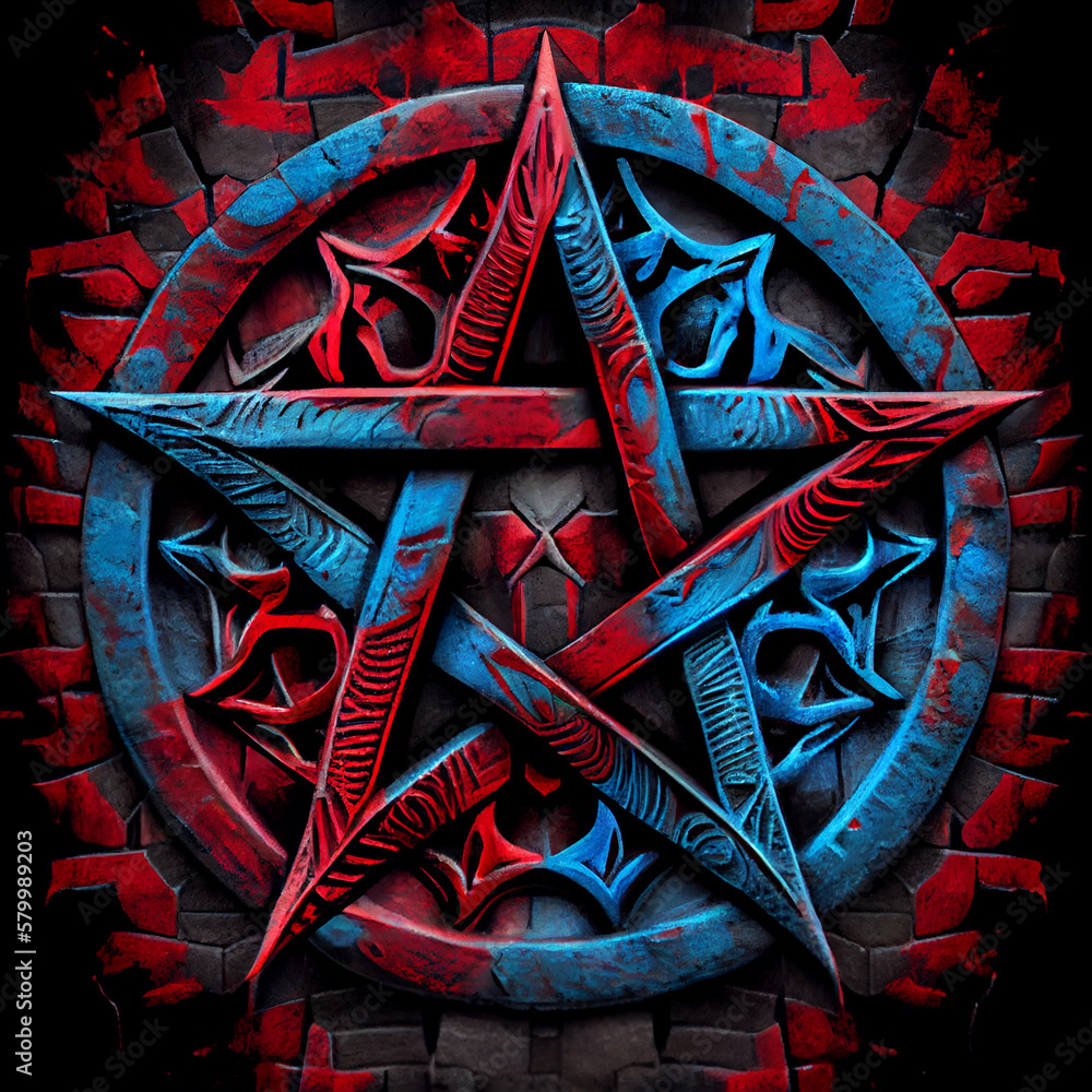 Black mass montage of occult Satanic pentagram materialising against a ...
