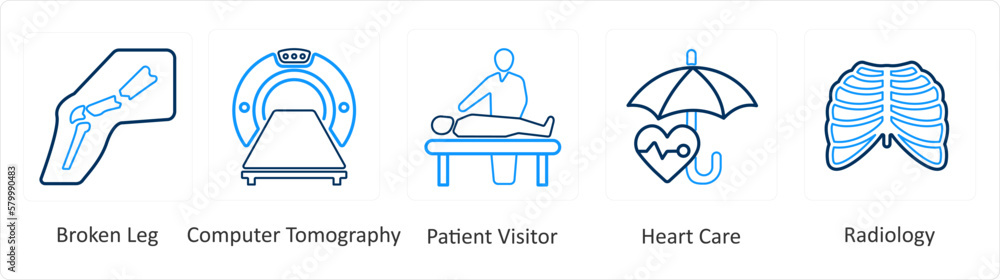 A set of 6 Medical icons as broken leg, computer tomography, patient ...
