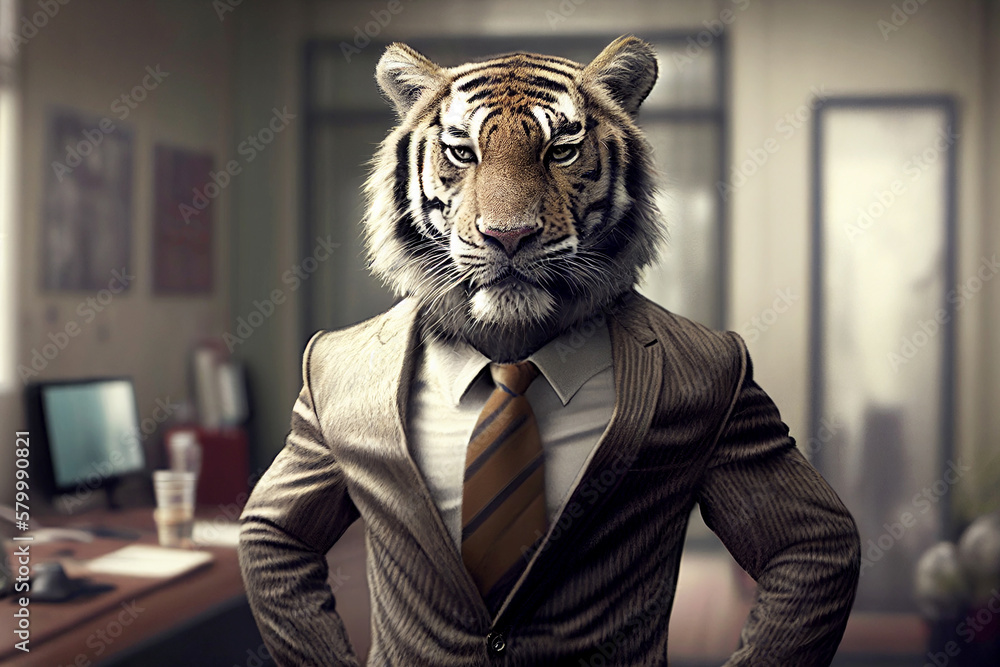 tiger animal in business suit in the office. Generative ai Stock ...