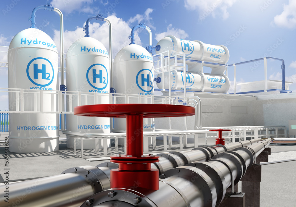 Hydrogen technologies. Tanks with H2 near pipeline. Factory for ...