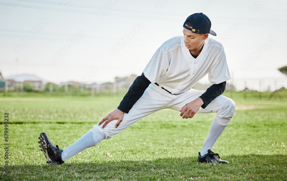 Baseball stadium, stretching or sports athlete on field ready for ...
