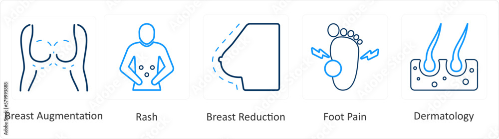 A set of 6 Medical icons as breast augmentation, rash, breast reduction ...
