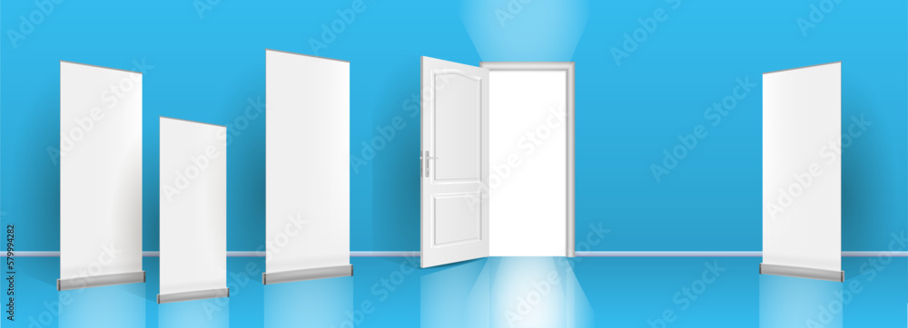 The interior of an empty room with a white banner and a door. Free ...