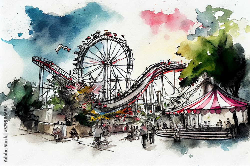 Fair with roller coasters. Amusement park drawing with bit of ...