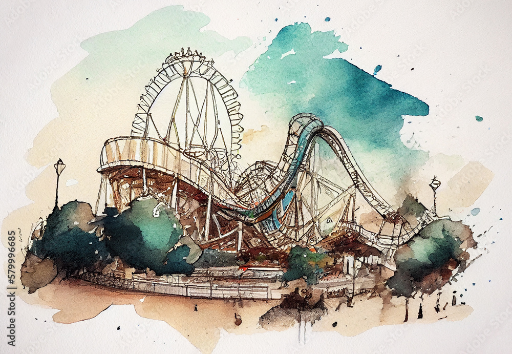 Fair with roller coasters. Amusement park drawing with bit of ...