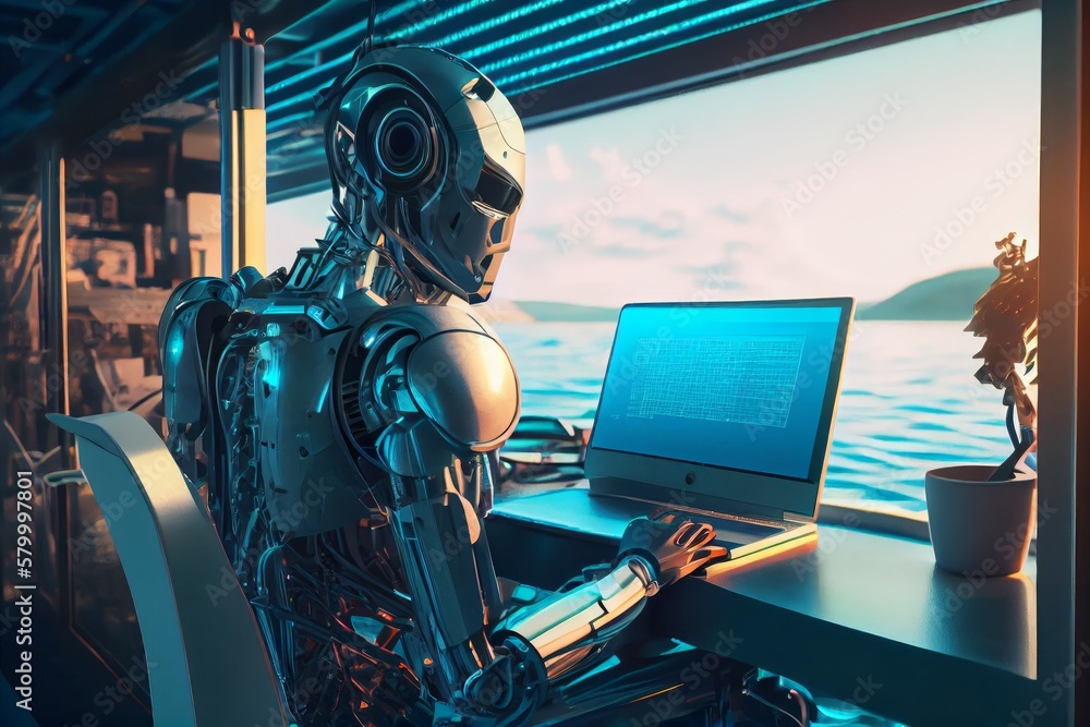 Generative AI humanoid robot working on a laptop in a shipyard Stock ...
