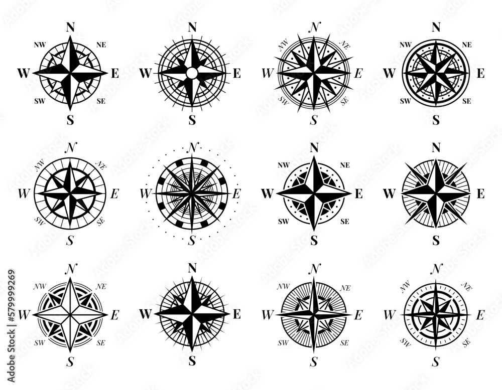 Compass old icons. Vintage nautical wind roses and navigation ...
