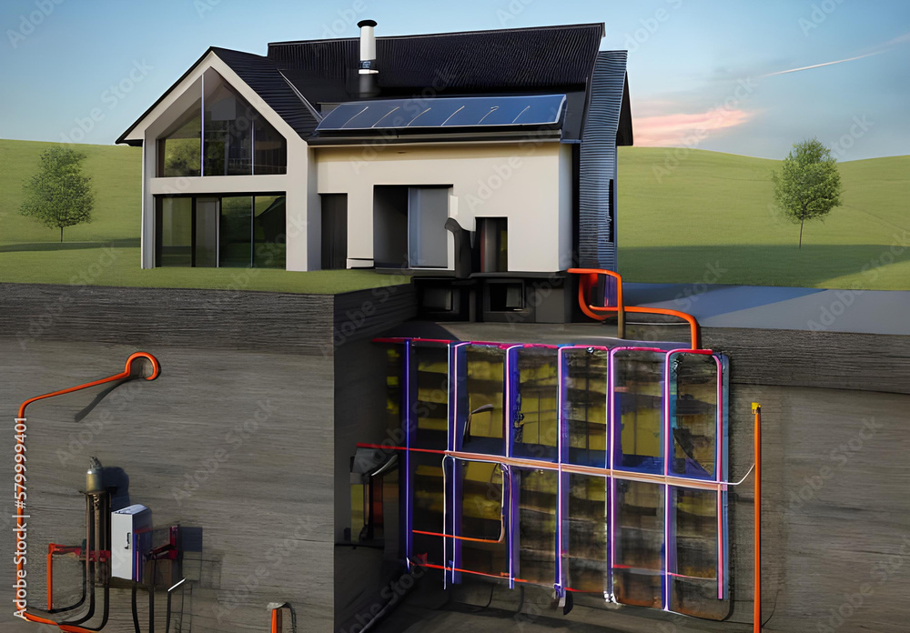 Vertical ground source heat pump system for heating home with geothermal energy. 3D rendered ...