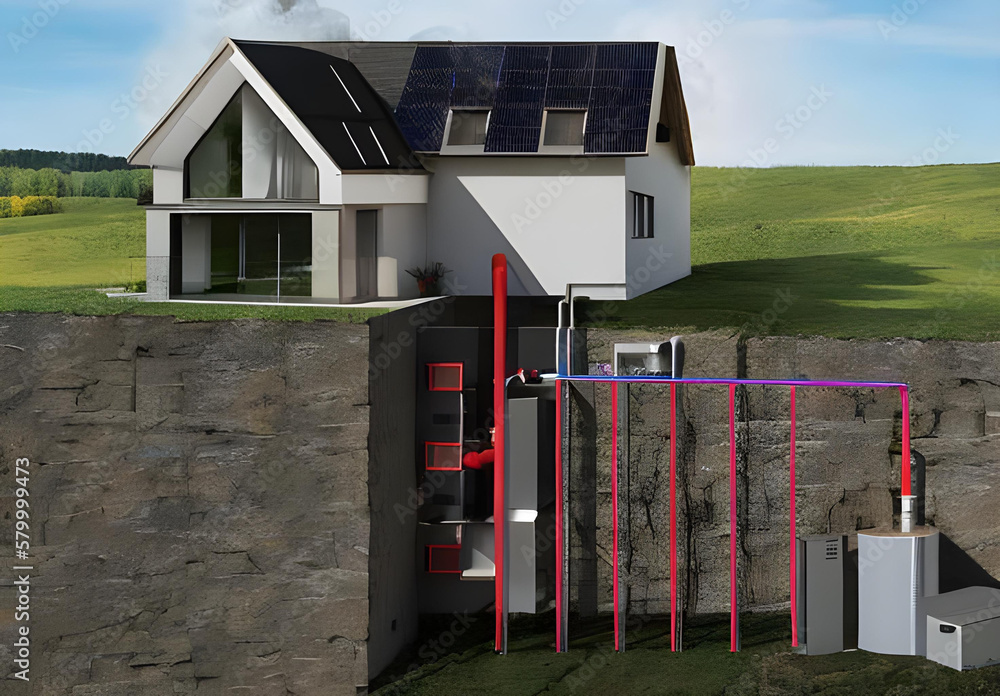 Vertical ground source heat pump system for heating home with geothermal energy. 3D rendered ...