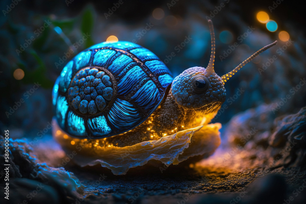 Mystical glowing cute snail closeup on the land. Isolated on blurred ...