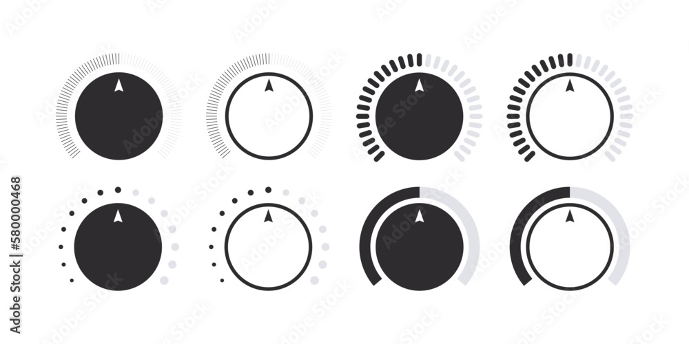 Control knob. Volume level handle, rotary dials with round scale and ...