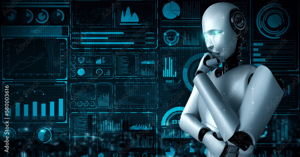 Thinking AI hominoid robot analyzing hologram screen showing concept ...