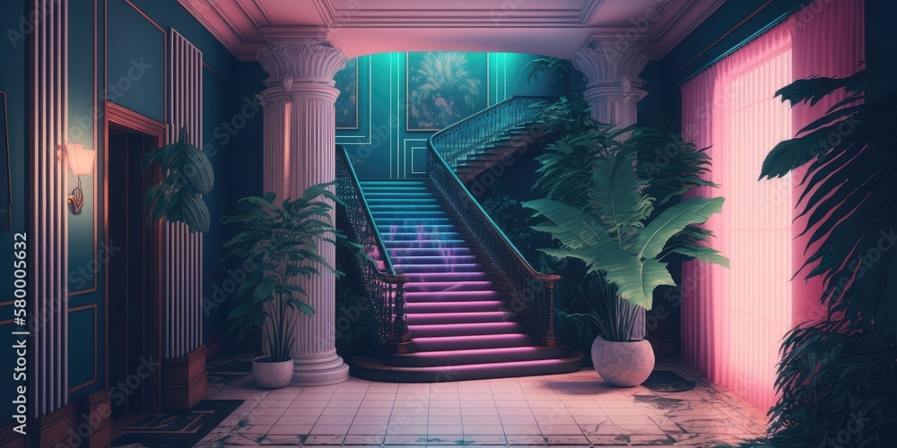 Realistic Synthwave Interior of a Luxury Mansion with a Nature-Inspired ...