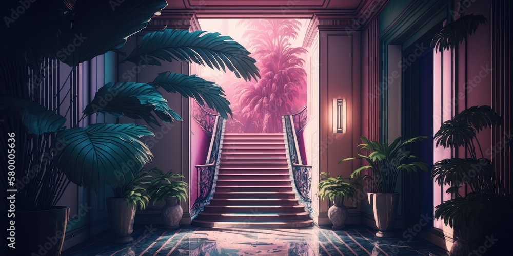 Realistic Synthwave Interior of a Luxury Mansion with a Nature-Inspired ...