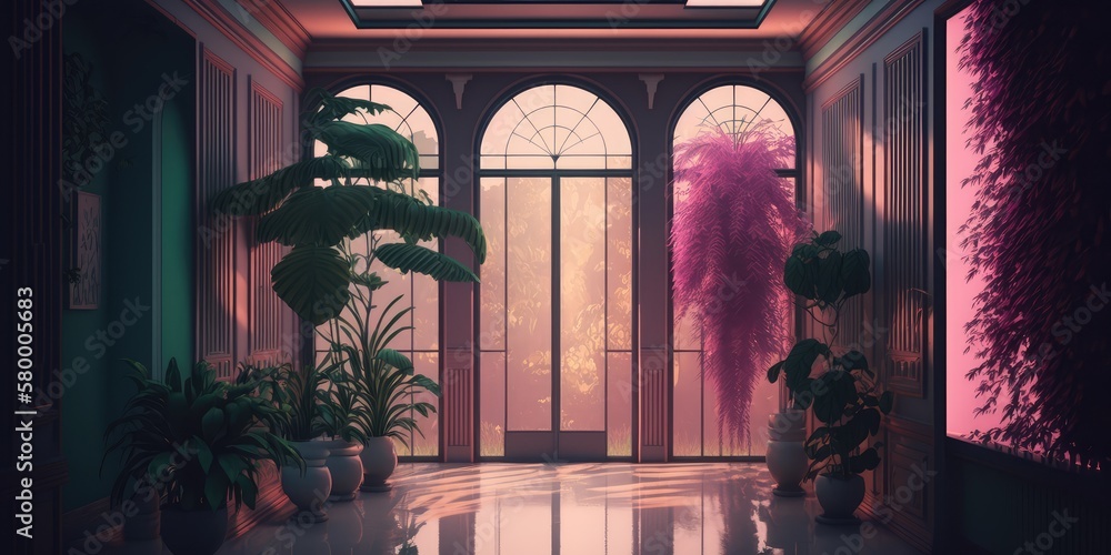 Realistic Synthwave Interior of a Luxury Mansion with a Nature-Inspired ...