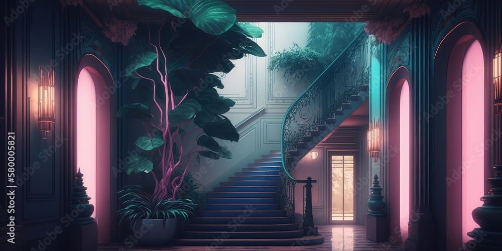 Realistic Synthwave Interior of a Luxury Mansion with a Nature-Inspired ...