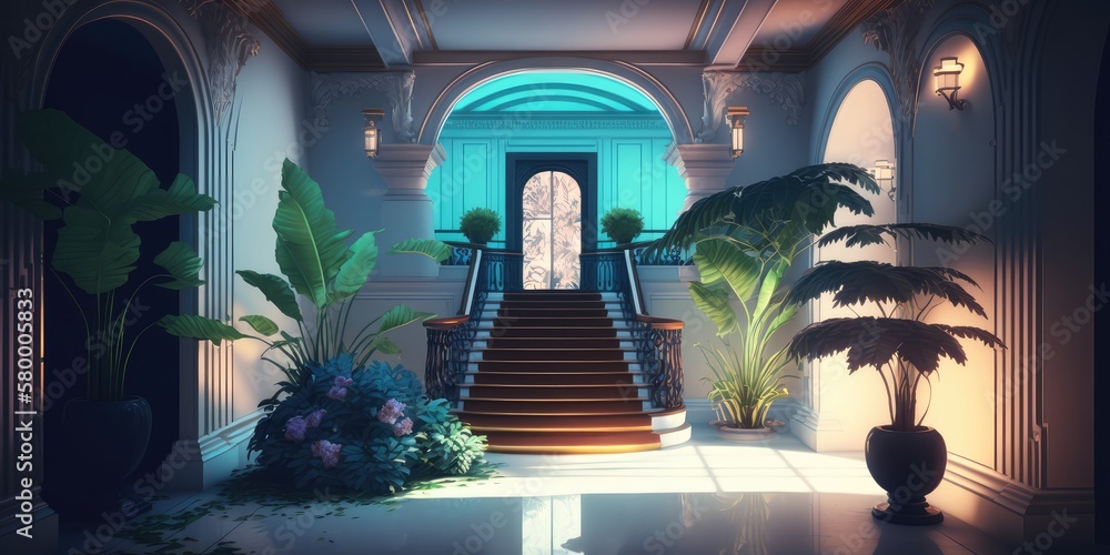 Realistic Synthwave Interior of a Luxury Mansion with a Nature-Inspired ...