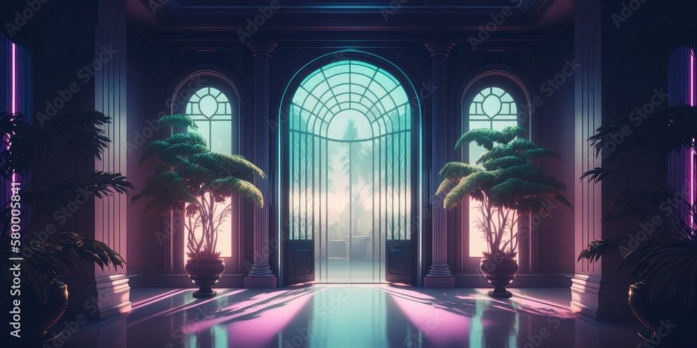 Realistic Synthwave Interior of a Luxury Mansion with a Nature-Inspired ...