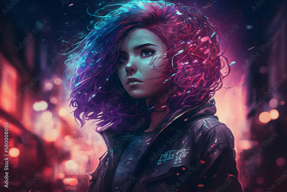 A Beautiful Cyberpunk Girl Stands Against The Backdrop Of The Night City Of The Future