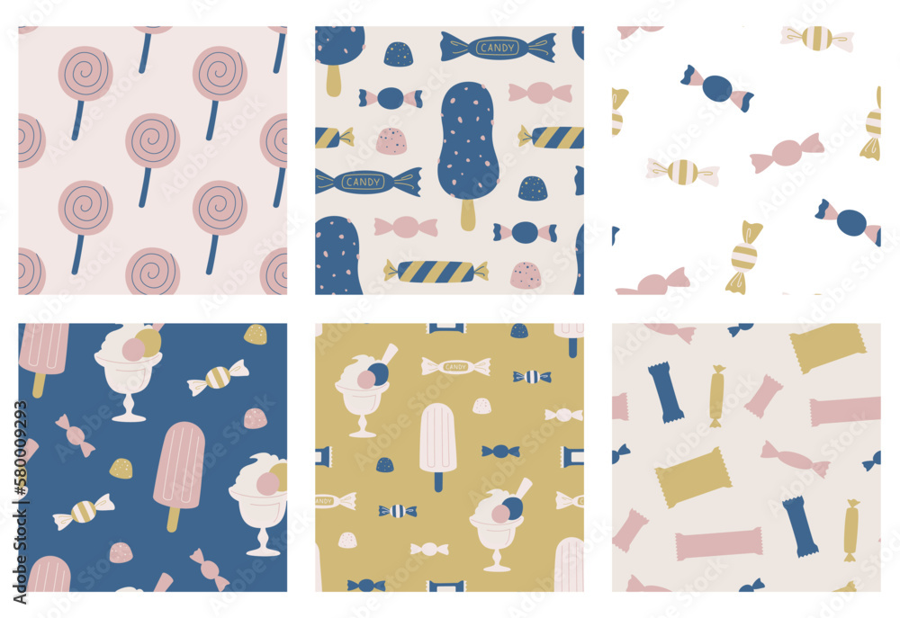 Set of seamless vector sweets patterns. Collection of candies ...
