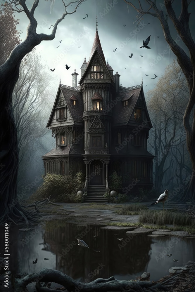 Ghostly dark gothic manor house in the forest. Halloween scene. Spooky ...