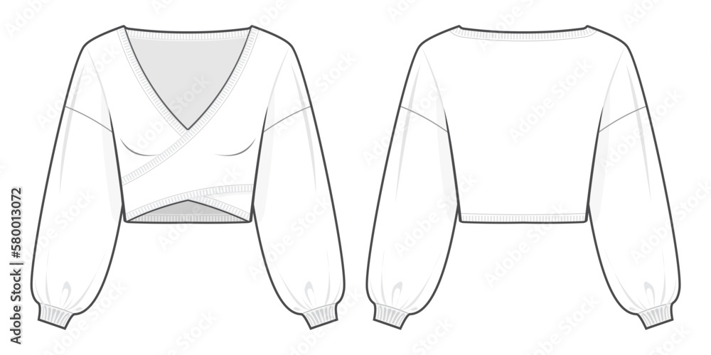 Vetor de Crop Deep V-Neck Long Sleeve Sweater Cross Wrap Front flat ...