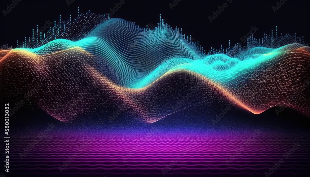 a landscape of 3D waves with connected dots in the background is ...
