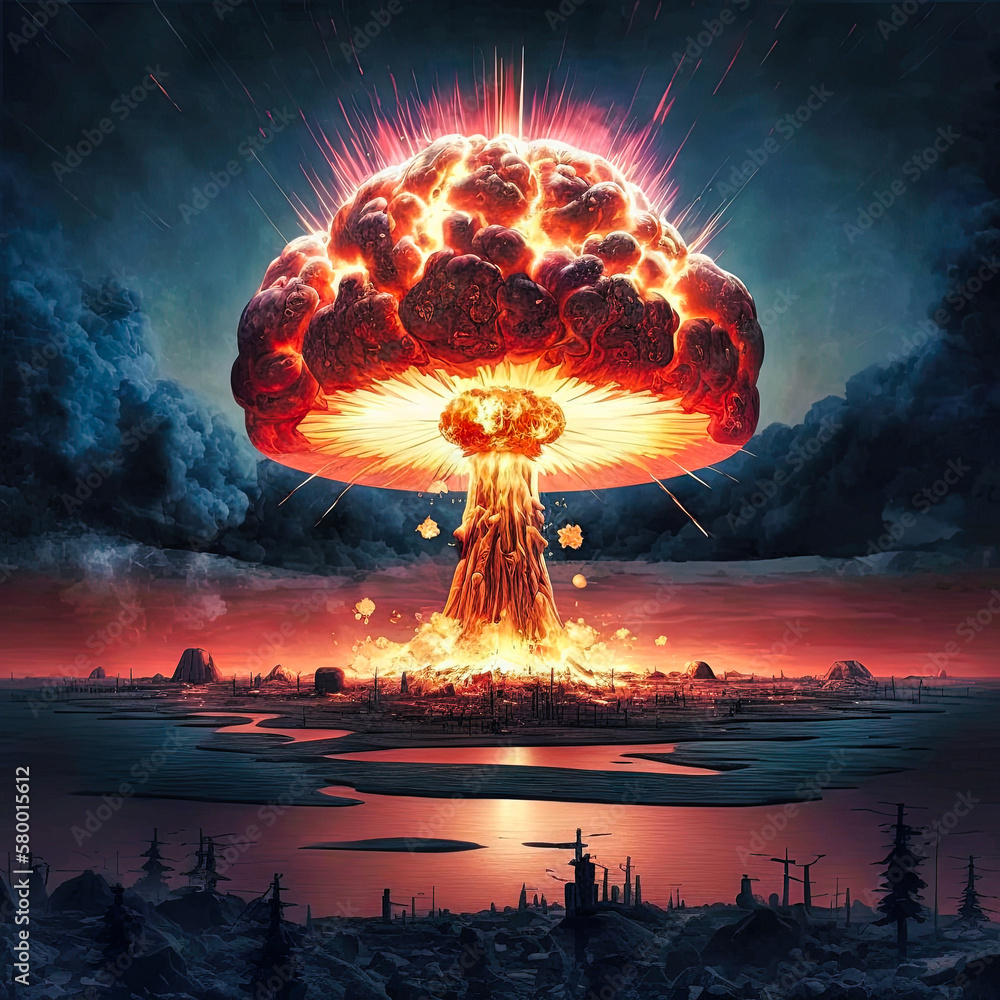 Explosion of nuclear bomb during war actions. Apocalypse and end of the ...
