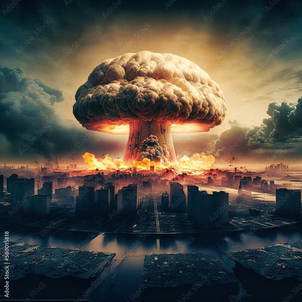 Explosion of nuclear bomb during war actions. Apocalypse and end of the ...