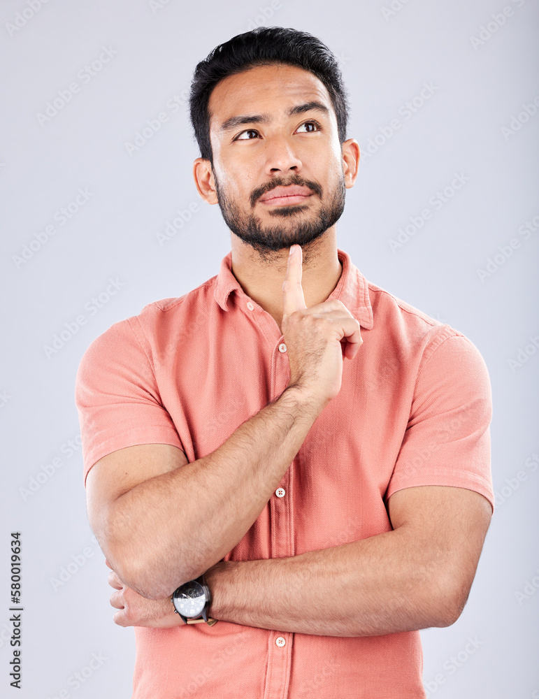 Thinking, idea and face of man on a white background with thoughtful ...