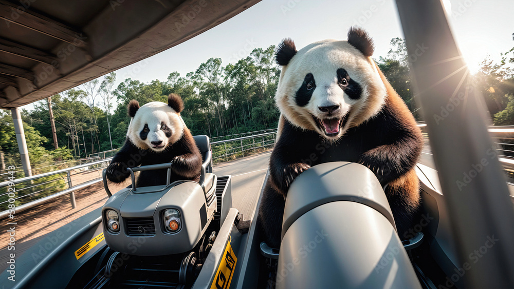two funny crazy scared smiling panda bears sitting in yellpw car riding ...
