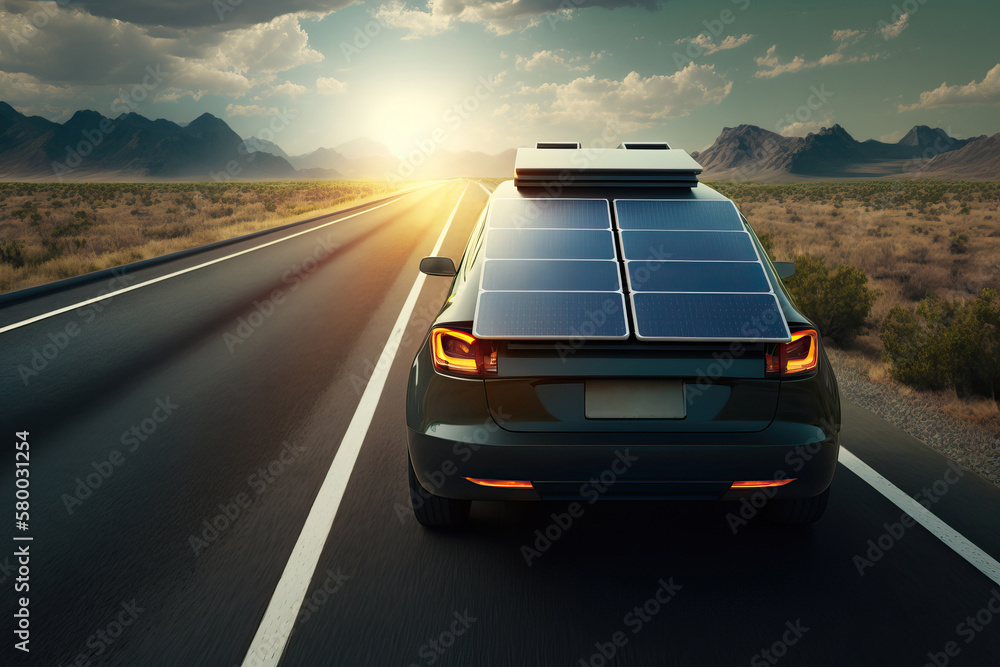 Generative AI illustration of modern car with solar panels driving on ...