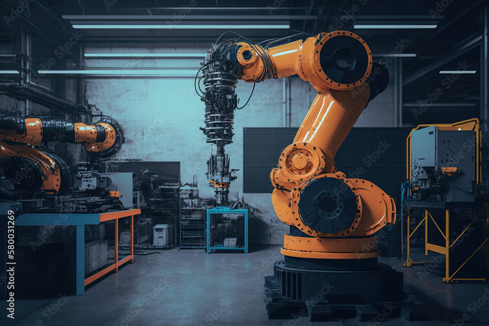 Generative AI illustration of industrial factory with robotic arms ...