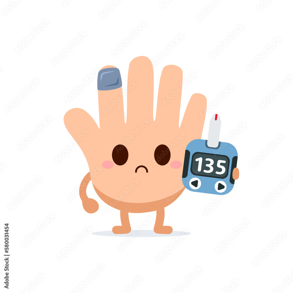 Cute cartoon Hand checks blood sugar, diabetes, and glycemic on finger ...