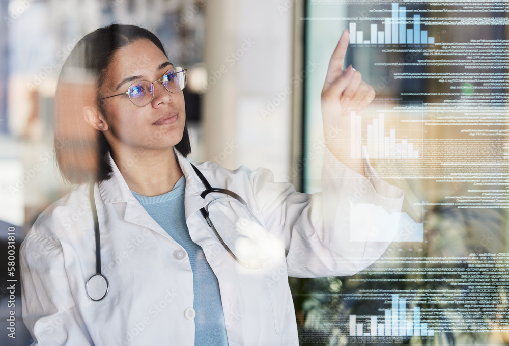 Woman doctor, data overlay and healthcare worker pointing to hospital ...