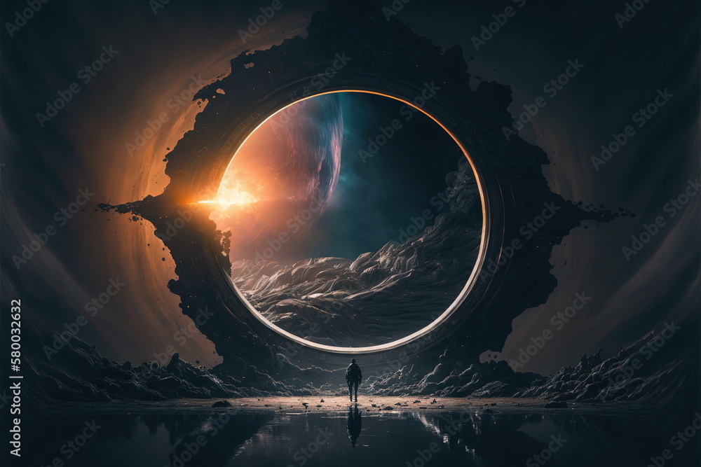 Spaceman travel through the space with mysterious sci-fi fantasy portal ...