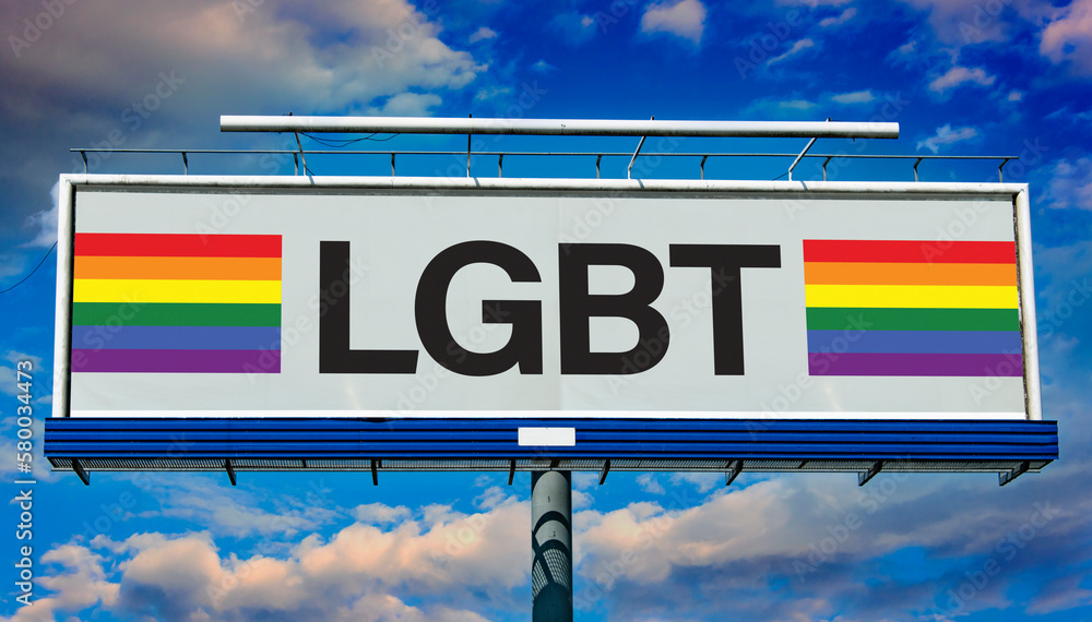 Advertisement billboard displaying the sign of LGBT movement. Stock ...