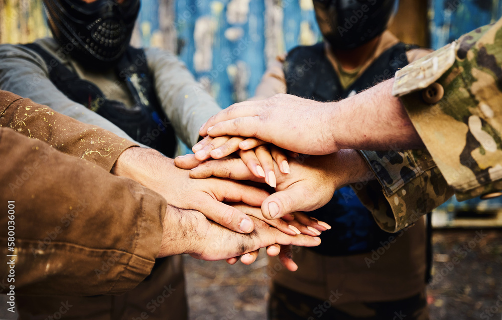 Motivation, team building or hands in huddle on a mission, strategy or ...