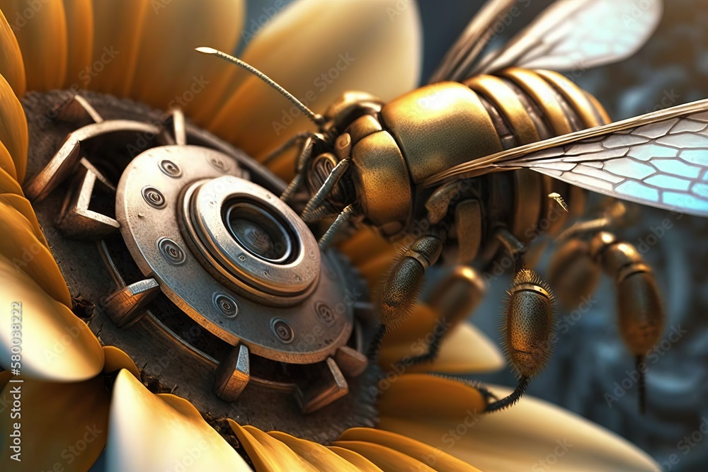 Mechanical bee pollinating mechanical flower Stock Illustration | Adobe ...