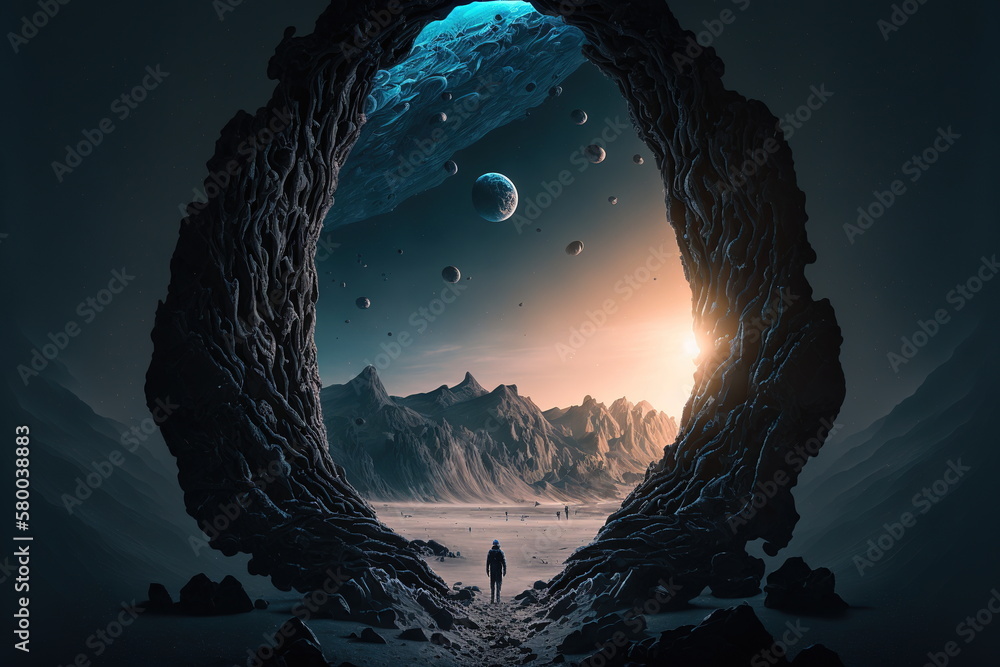 Spaceman travel through the space with mysterious sci-fi fantasy portal ...