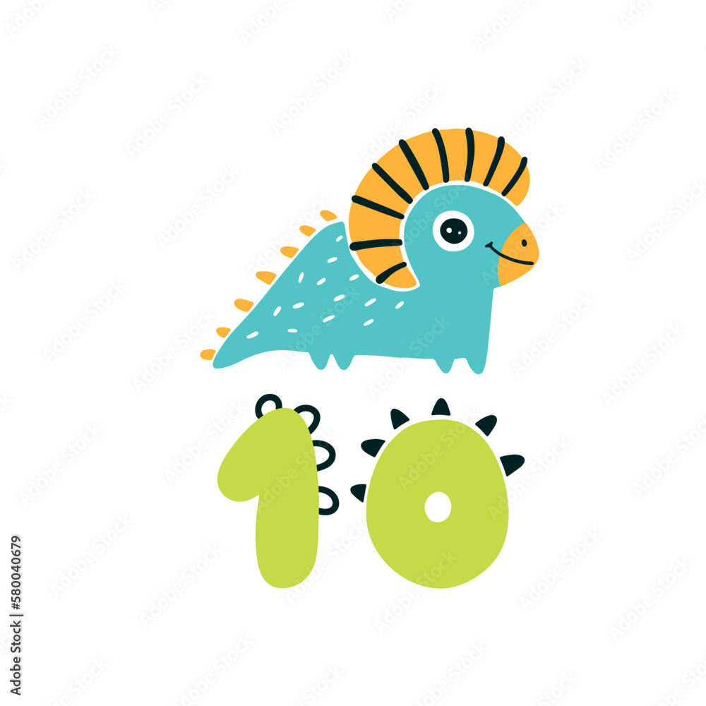 Dinosaur with number ten. Color cute nursery card character ...